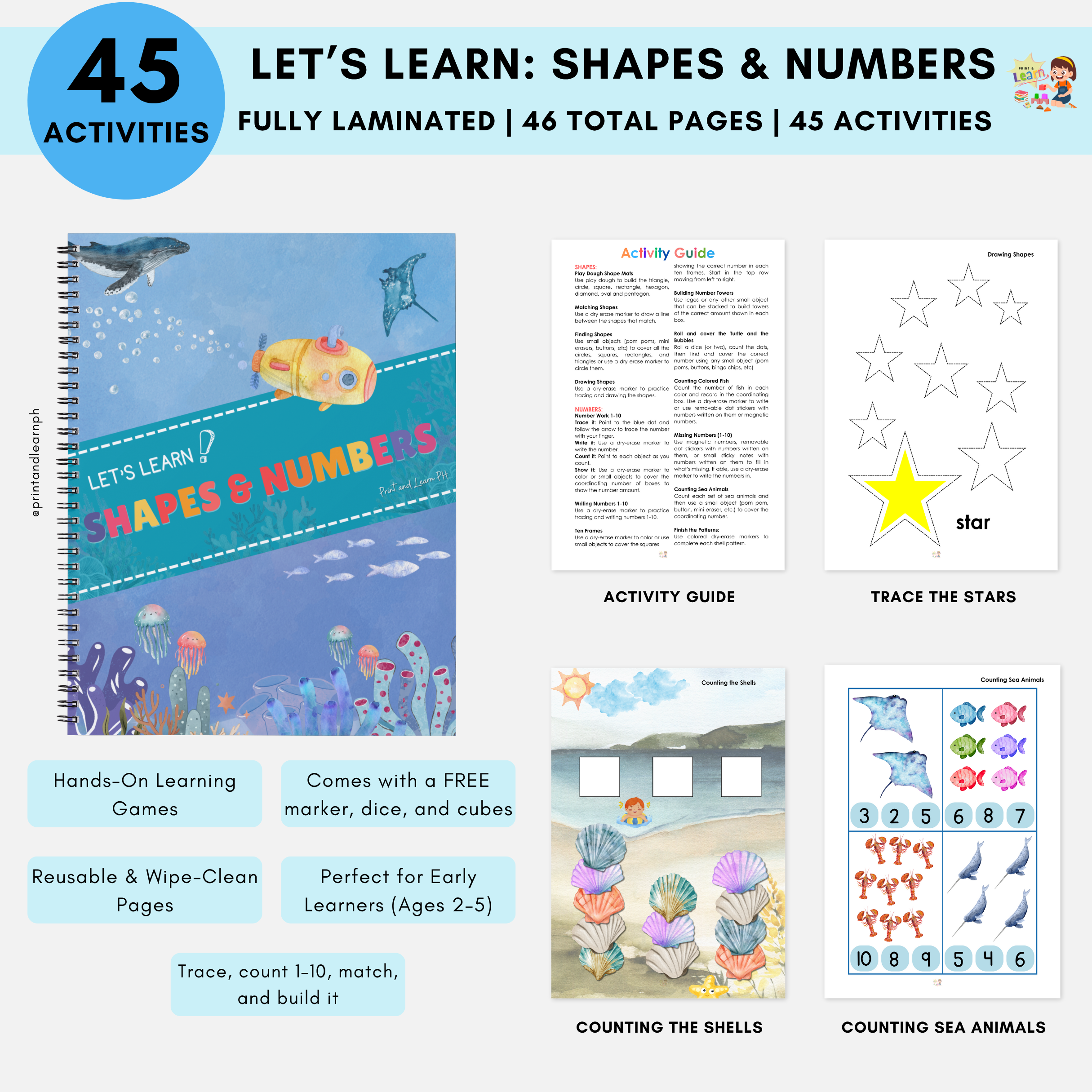 Let’s Learn: Shapes & Numbers – Print and Learn PH